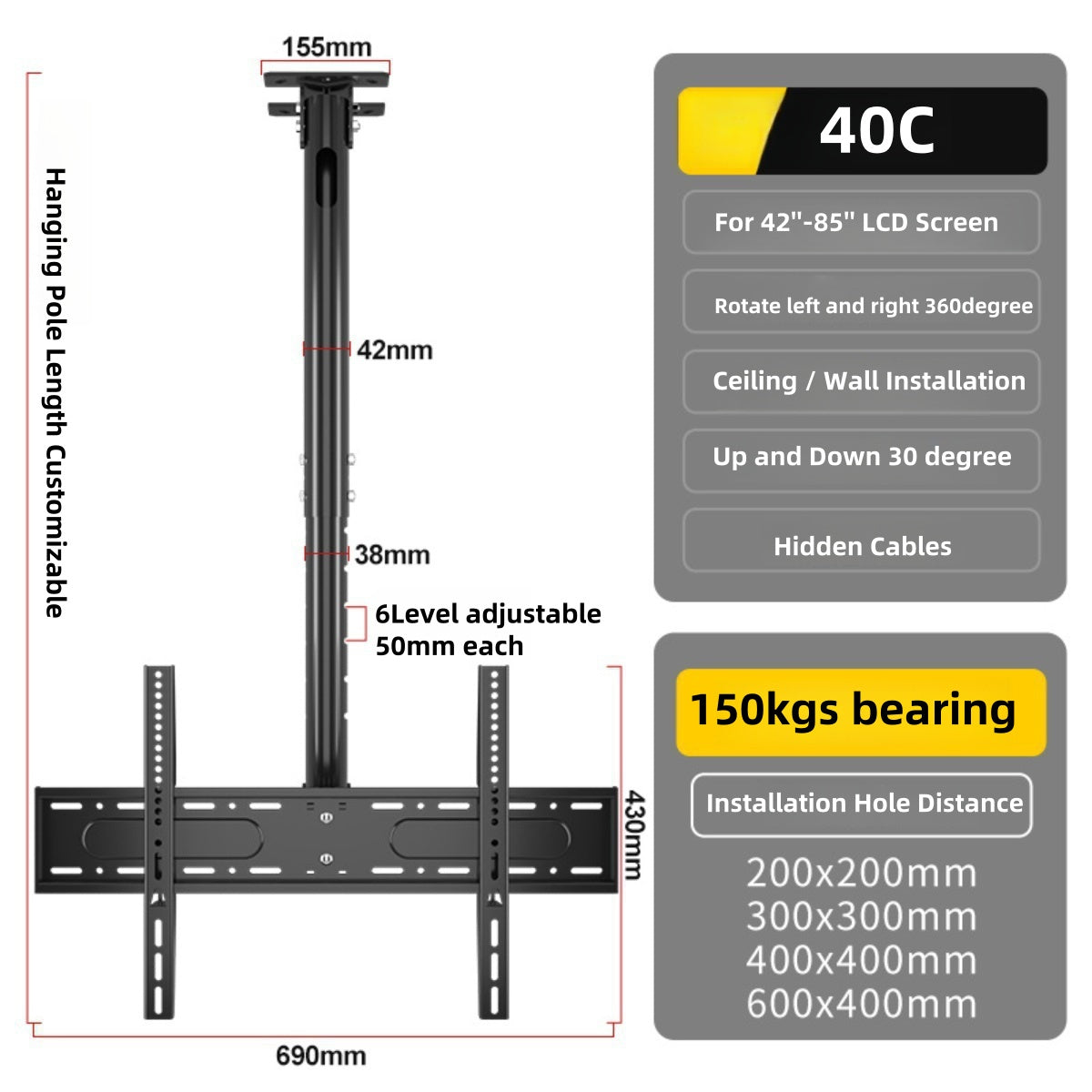 42-85 inch LCD Screen Hanger LCD TV Ceiling Hanger 360 Degree Rotation