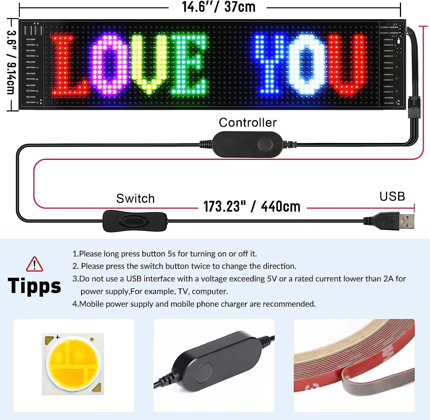 Model 1664 Flexible USB 5V Car LED Sign Bluetooth App Control Display
