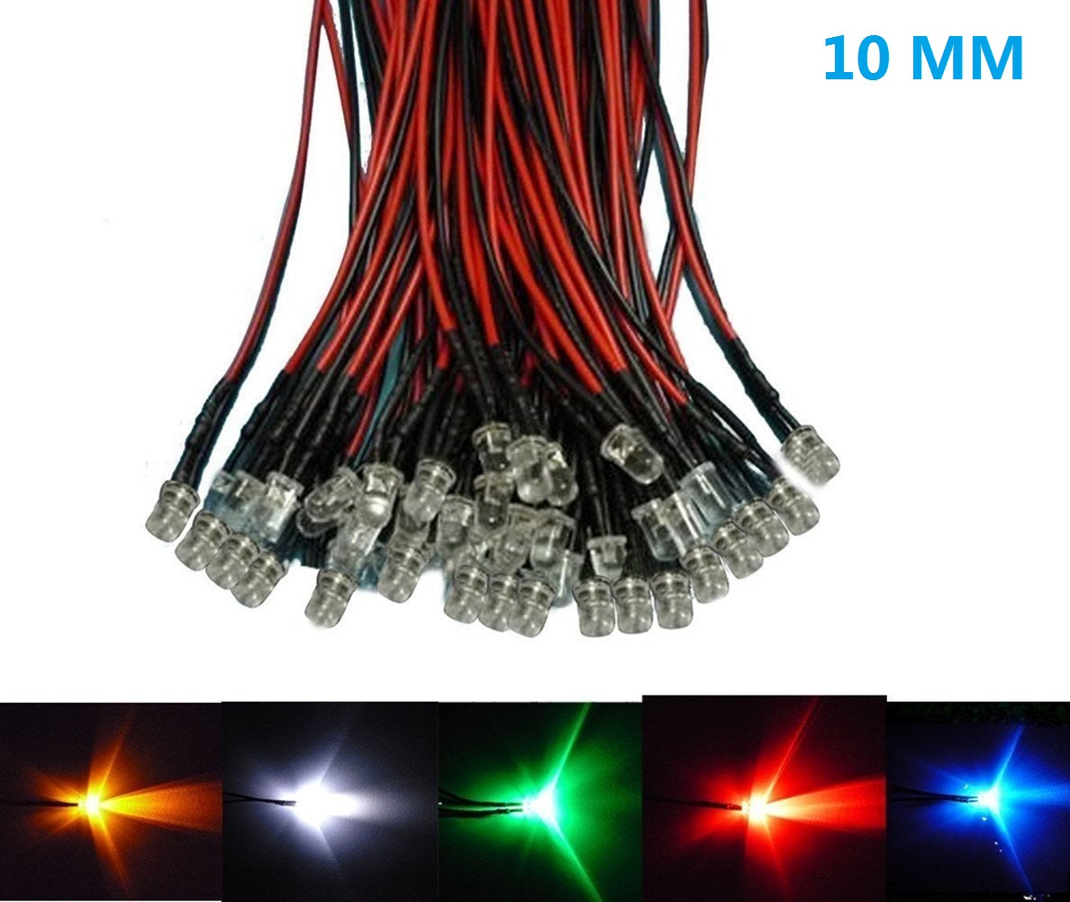 50pcs Pack 10mm LED Pre Wired light 3V/6V/12V 20cm F10 Straw Hat Round