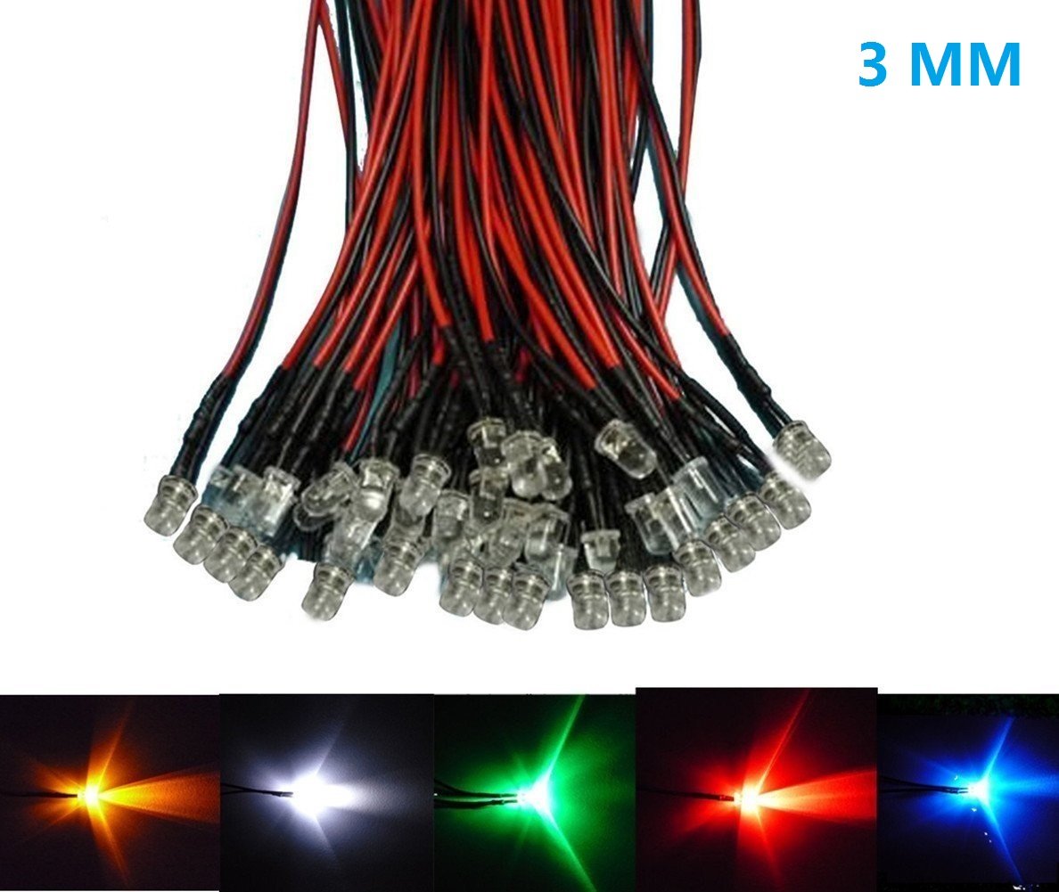 50pcs Pack 3mm LED Pre Wired light 3V/6V/12V 20cm F5 Straw Hat Round T