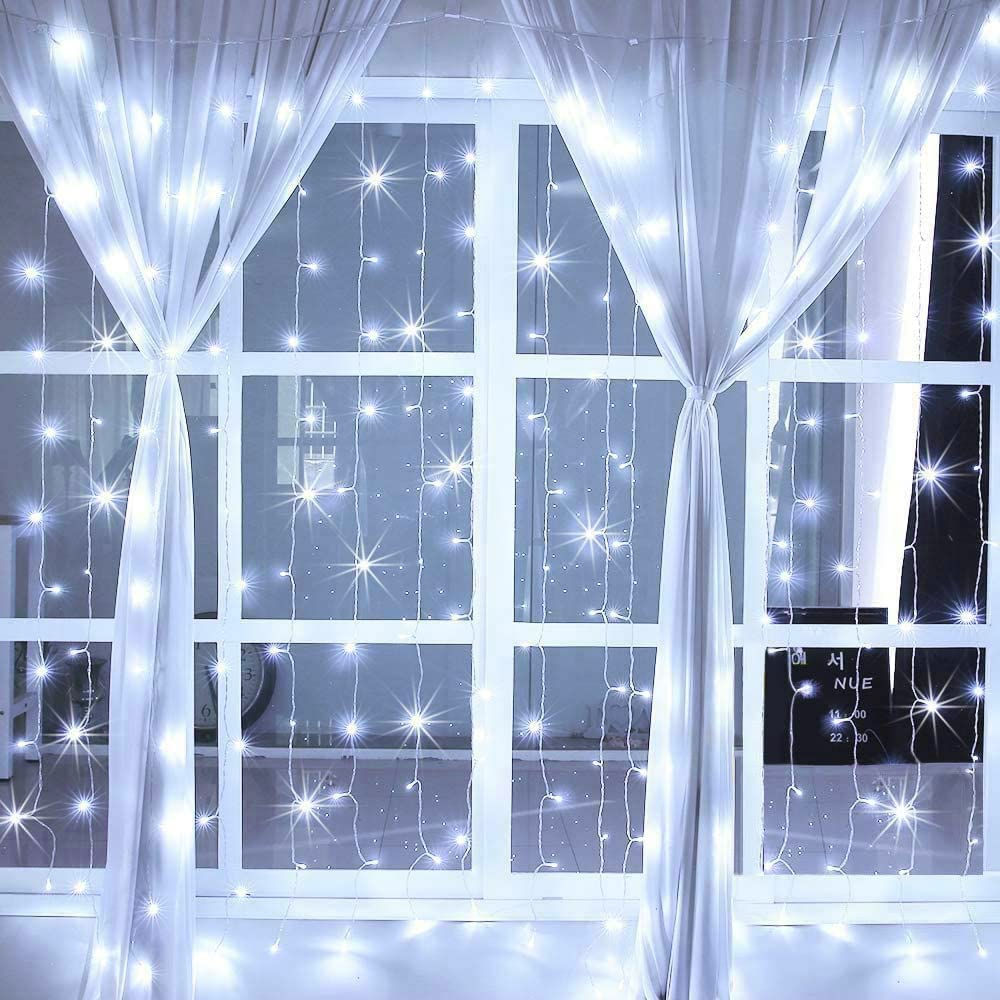 300 LED Curtain Lights 9.8FT by 9.8FT, 8 Lighting Modes White Color Wi ...